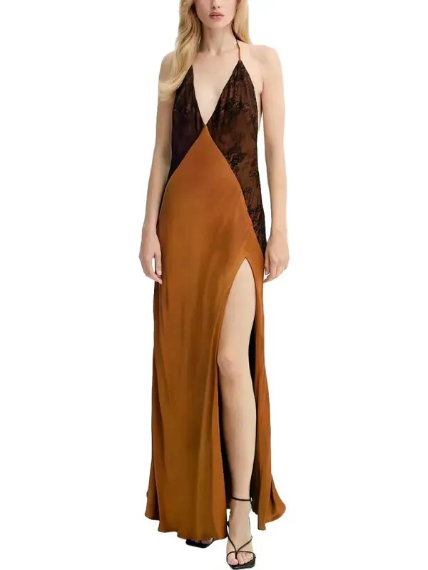 Bardot Lace Detail Split Maxi Dress - Brown