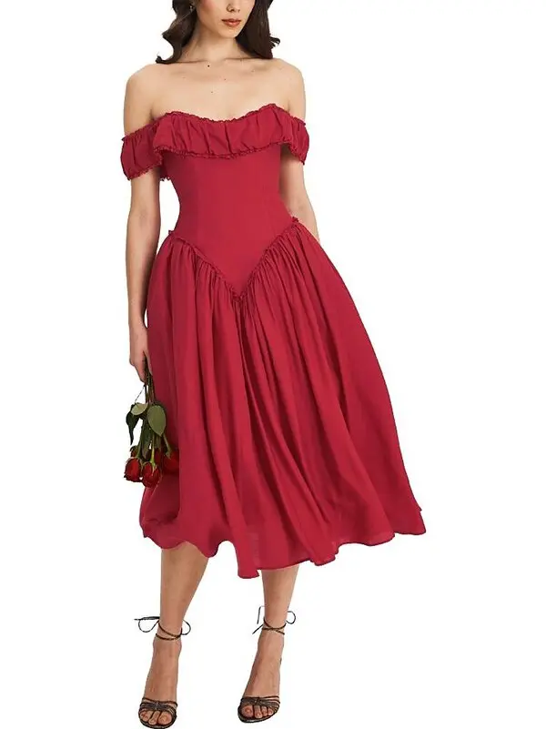 MISS CIRCLE Xavy Off-shoulder Corset Midi Dress - Crimson