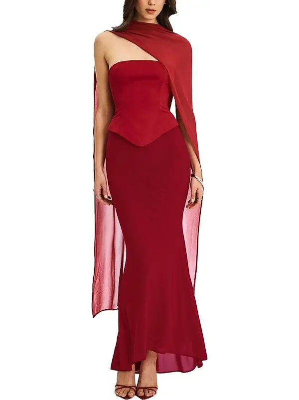 MISS CIRCLE Giselle Peplum Mermaid Gown With Chiffon Scarf - Crimson
