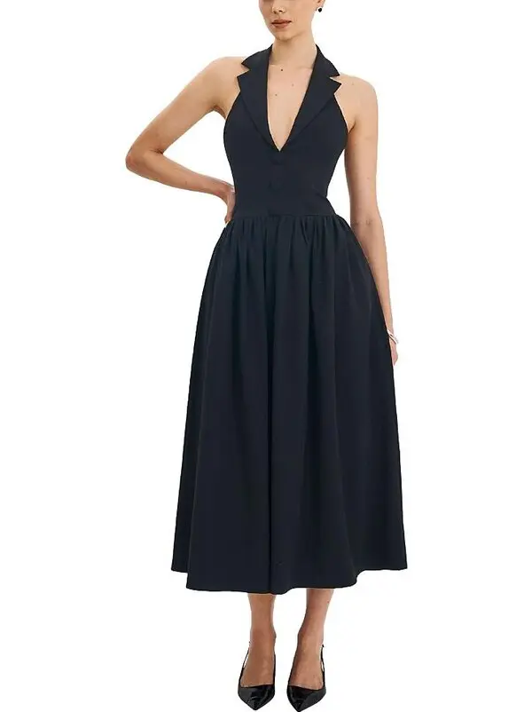 MISS CIRCLE NEW YORK Delaney Lapel Halter A-line Midi Dress - Black