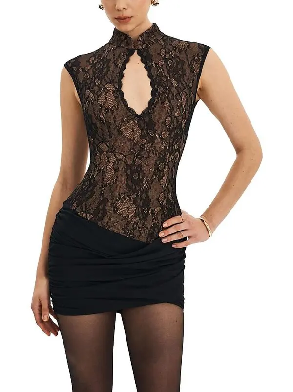 MISS CIRCLE Lace Teardrop Neckline Ruched Mini Dress - Black