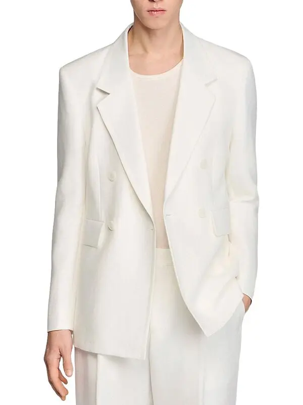 Sandro Double Breasted Linen Suit Jacket - White