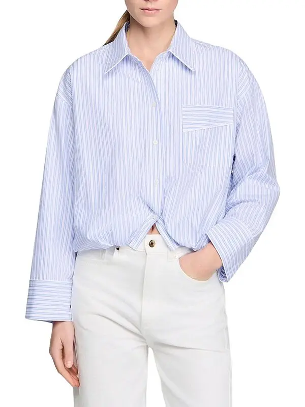 Sandro Cropped Cotton Shirt - Blue / White