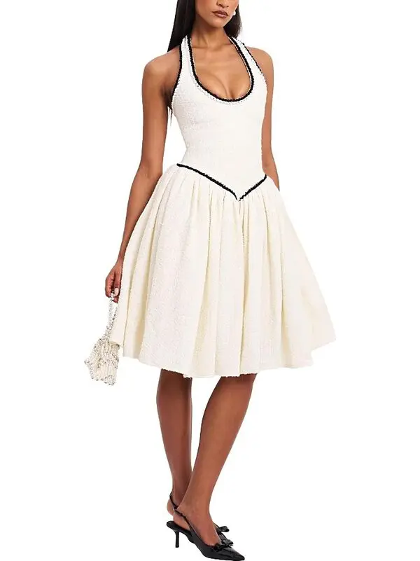 MISS CIRCLE U-neck Halter Tweed Midi Dress - White