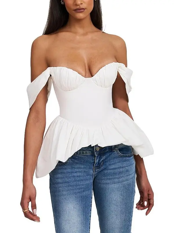 MISS CIRCLE Off-shoulder Cotton Peplum Top - White
