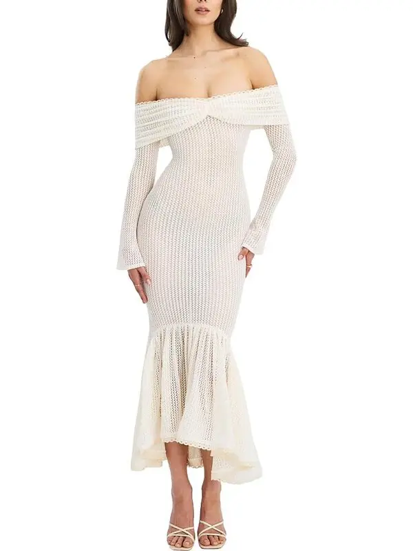 MISS CIRCLE Kaedyn Long Sleeve Crochet Mermaid Maxi Dress - Beige