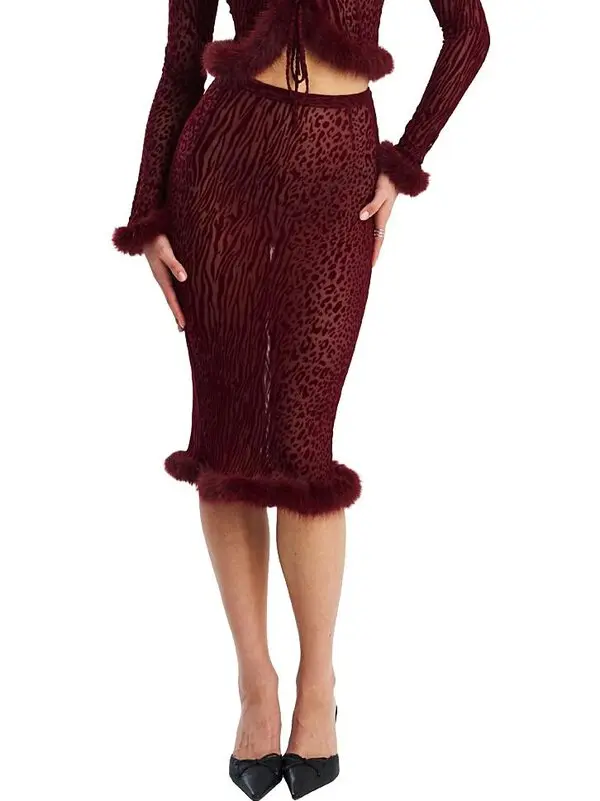 MISS CIRCLE Animal Print Velvet Skirt With Faux Fur Trim - Burgundy