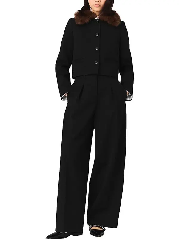 Maje Cropped Jacket With Faux Fur Collar - Black