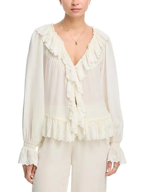 LoveShackFancy Avee Silk Ruffled Blouse - Cream