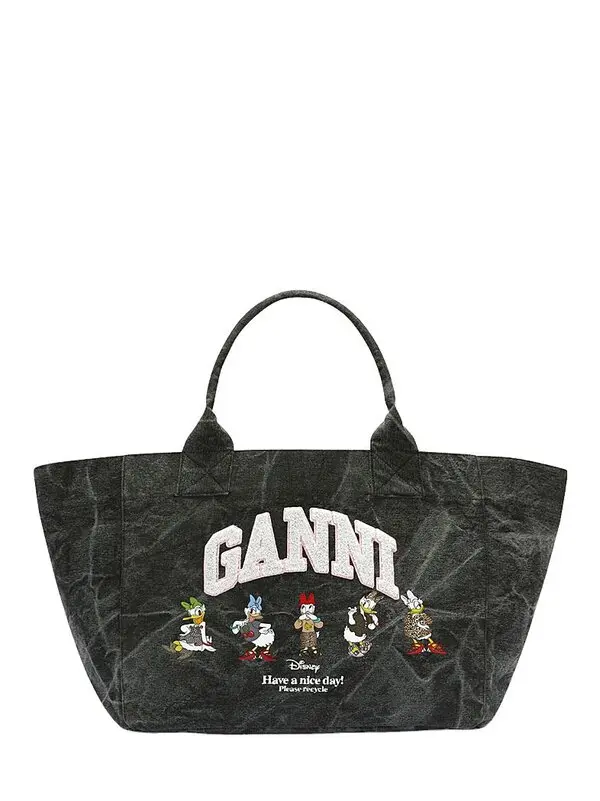GANNI Medium Daisy Duck Bleached Canvas Tote - Black Oyster