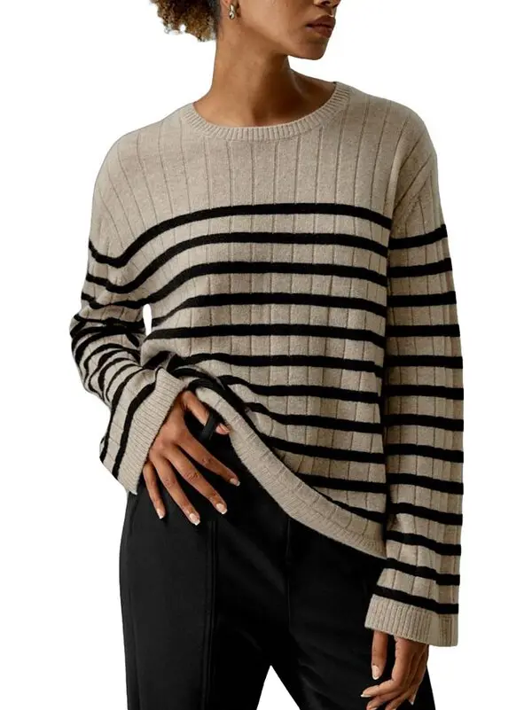Lilysilk Drop-shoulder Striped Cashmere Sweater - Camel With Black Stripes