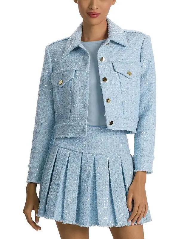 Alice + Olivia Chloe Sparkle Tweed Cropped Jacket - Carolina Blue