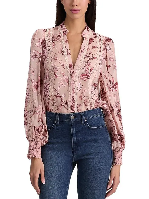 Alice + Olivia Arlette Lace Trim Blouse - Mystic Garden Rose