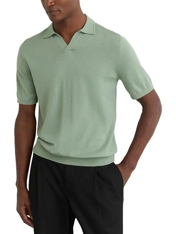 REISS Duchie Short Sleeve Open Collar Merino Polo Shirt - Light Sage