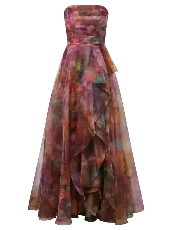 Theia Floria Strapless Ruffled Maxi Dress - Red