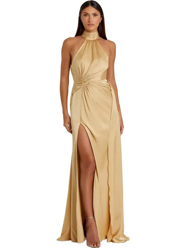 Mac Duggal Satin Open Back High Neck Ruched Gown - Gold