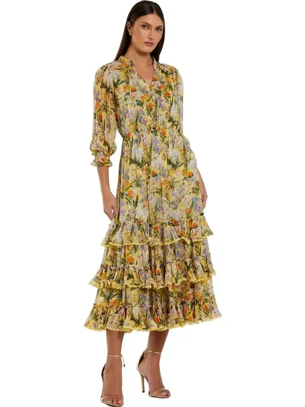 Mac Duggal Floral Chiffon Midi Dress - Yellow Multi
