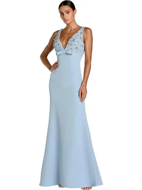 Mac Duggal Crepe Sleeveless Beaded V Neck Gown With Bow - Blue