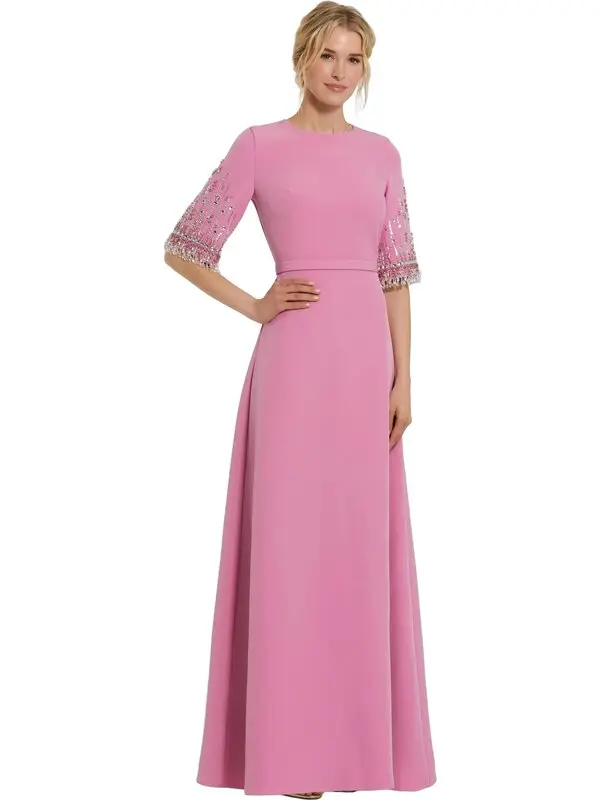 Mac Duggal Crepe A-line Gown With Beaded Sleeves - Pink
