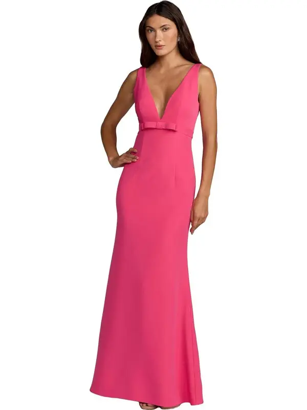 Mac Duggal Crepe V-neck Mermaid Gown With Bow - Pink