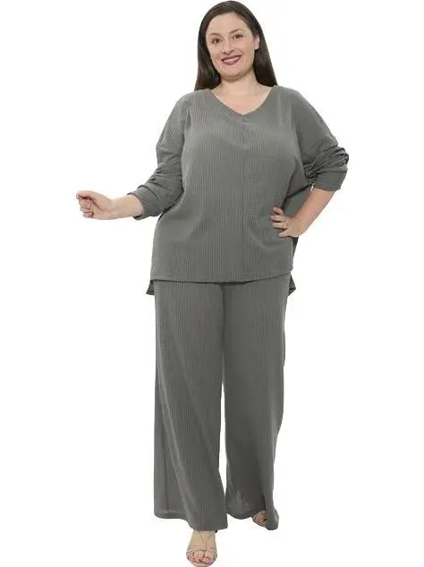 24SEVEN COMFORT APPAREL V-neck Waffle Knit Lounge Set - Grey