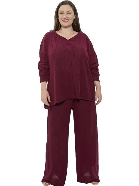 24SEVEN COMFORT APPAREL V-neck Waffle Knit Lounge Set - Wine