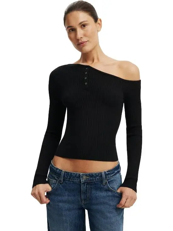 COTTON ON One Shoulder Henley Knit - Black