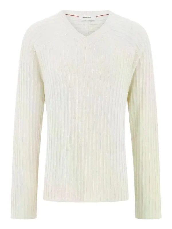 FERRAGAMO V-neck Ribbed Knit Sweater - Neutrals