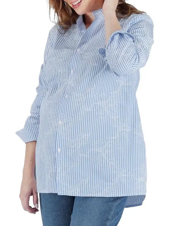 CACHE COEUR Camille Striped Button-up Maternity/nursing Top With Embroidery - Blue