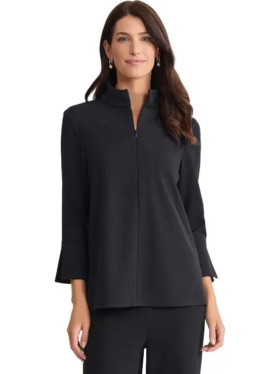 Ming Wang Deco Crepe Zip Front Blouse - Black