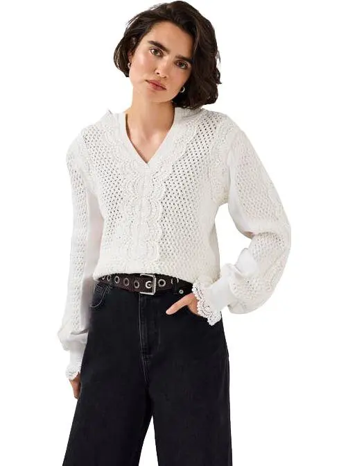 Mint Velvet Cotton Blend Crochet Trim Sweater - Open White