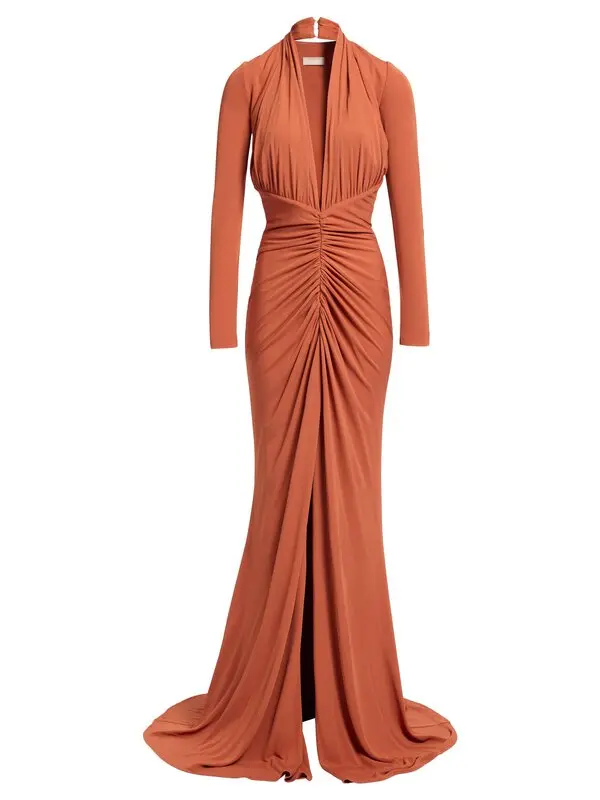 Elie Saab Ruched Jersey Maxi Dress - Orange