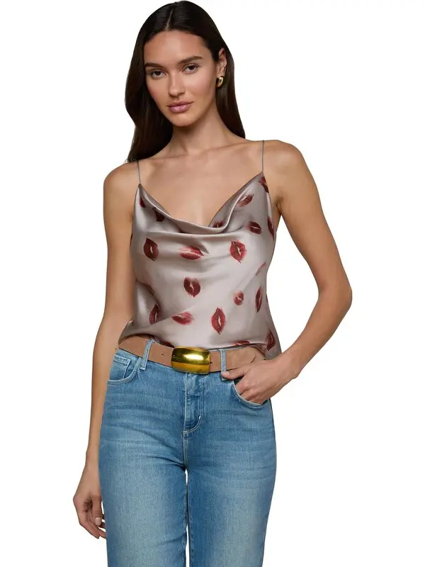L'Agence Calista Kiss Print Satin Camisole - Taupe/dark Red Faded Kiss