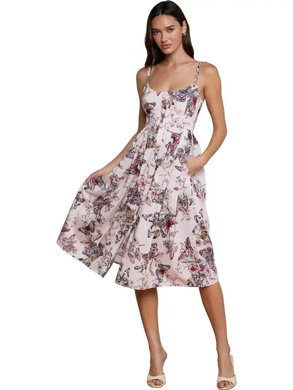 L'Agence Reanne Linen Blend Midi Dress - Light Nectar Pink Multi Large Butterfly Jungle