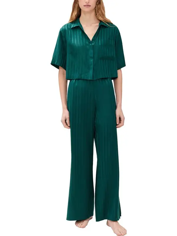 Lunya Washable Silk Striped Jacquard High Rise Pant Set - Dusky Cypress Jacquard
