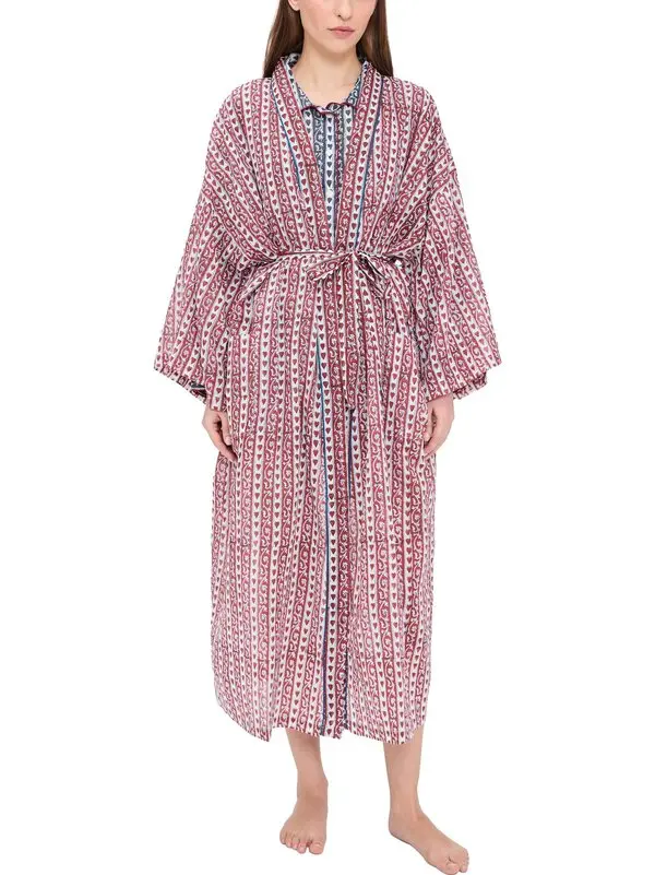 FOLKLOORE Cotton Twill Dressing Gown - Burgundy With Blue Piping