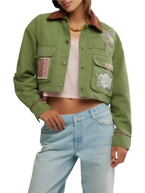 Free People Martha Workwear Appliquè Crop Jacket - Callisto Green