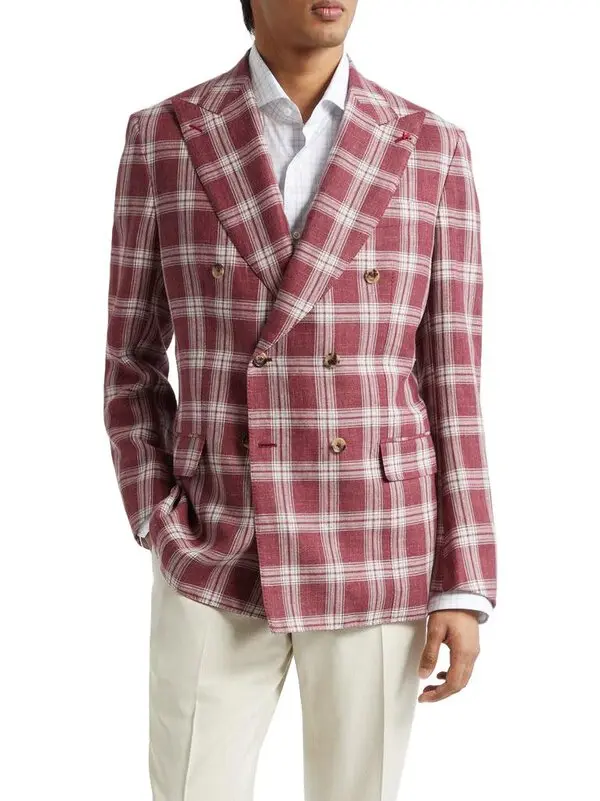 Isaia Delave Plaid Linen & Wool Sport Coat - Dark Red