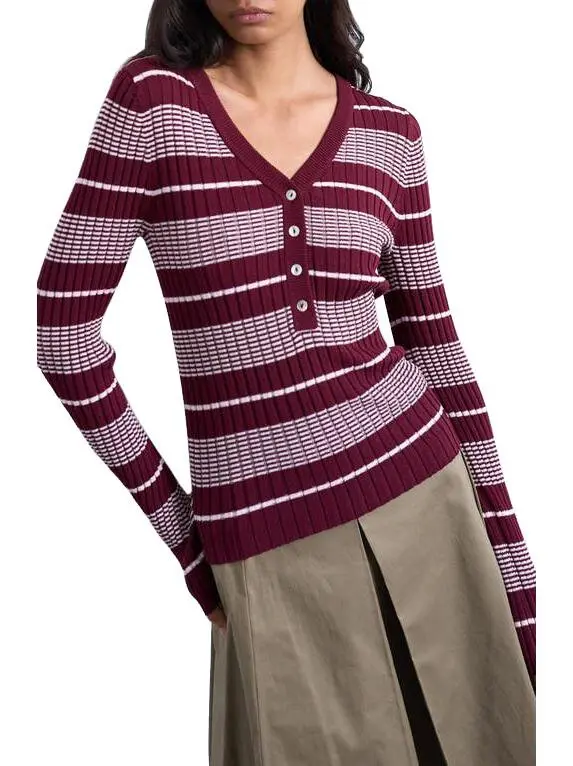 Topshop Striped V-neck Henley Sweater - Burgundy