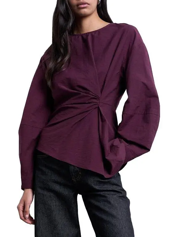 Topshop Asymmetric Pleat Long Sleeve Top - Burgundy