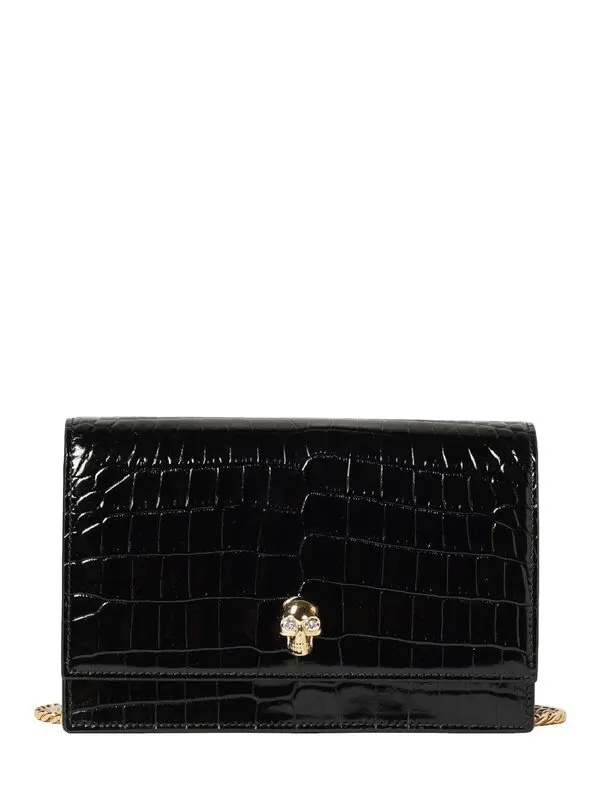 Alexander McQueen Crocodile Print Leather Shoulder Bag - Black