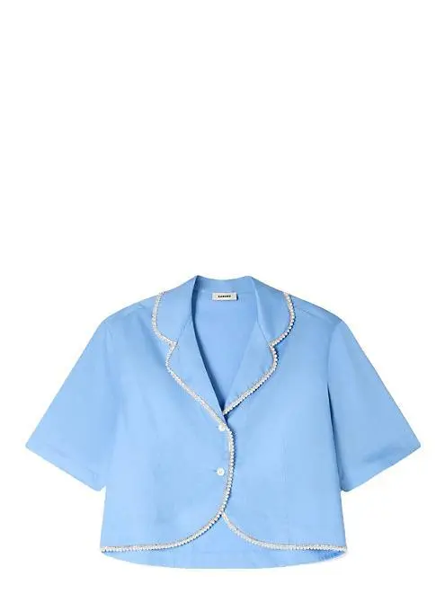 Sandro Cropped Beaded-trim Cotton Shirt - Blue