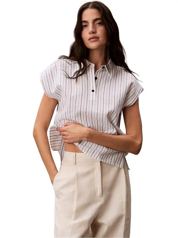 Calvin Klein Linen Blend Short Sleeve Top - Dark Denim Stripe