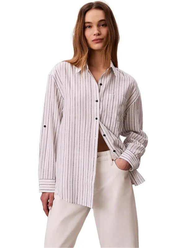 Calvin Klein Linen Blend Relaxed Button-down Shirt - Dark Denim Stripe