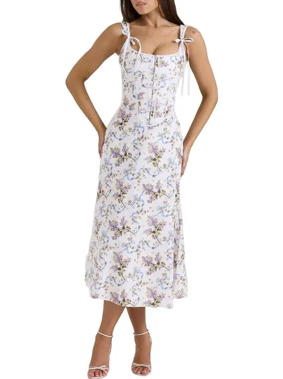House Of Cb Corset Midi Dress - Off White Floral Print