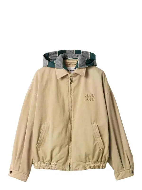 Miu Miu Oversized Zip-up Jacket With Embroidered Logo - Neutrals