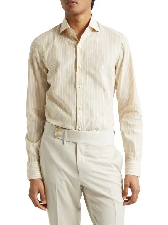 Isaia Stripe Cotton & Linen Button-up Shirt - White/yellow