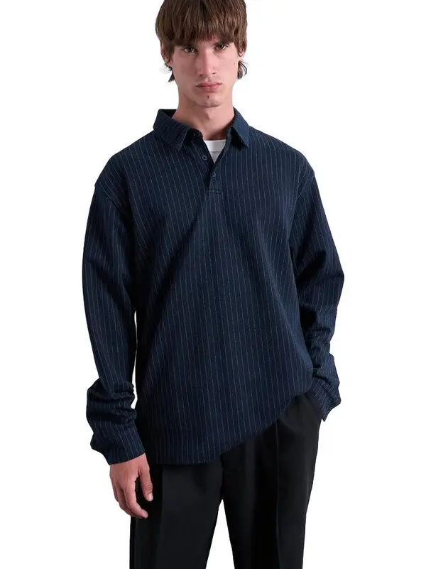 Topman Pinstripe Long Sleeve Polo - Navy