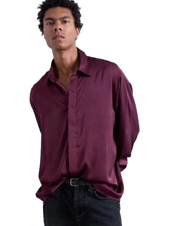Topman Oversize Sateen Button-up Shirt - Burgundy
