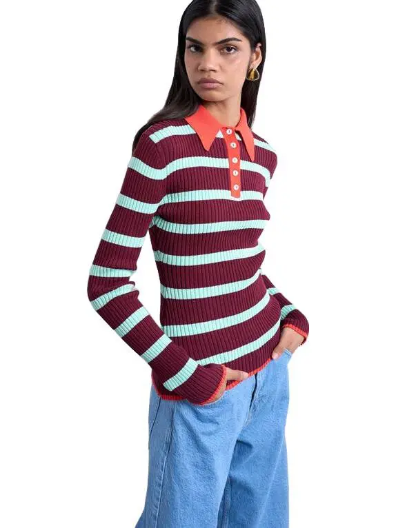 Topshop Stripe Long Sleeve Rib Polo - Burgundy Multi